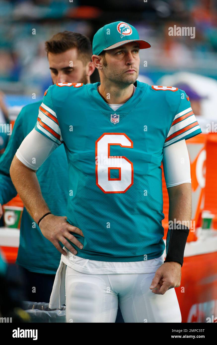 Miami Dolphins quarterback Jay Cutler (6) looks from the sidelines ...