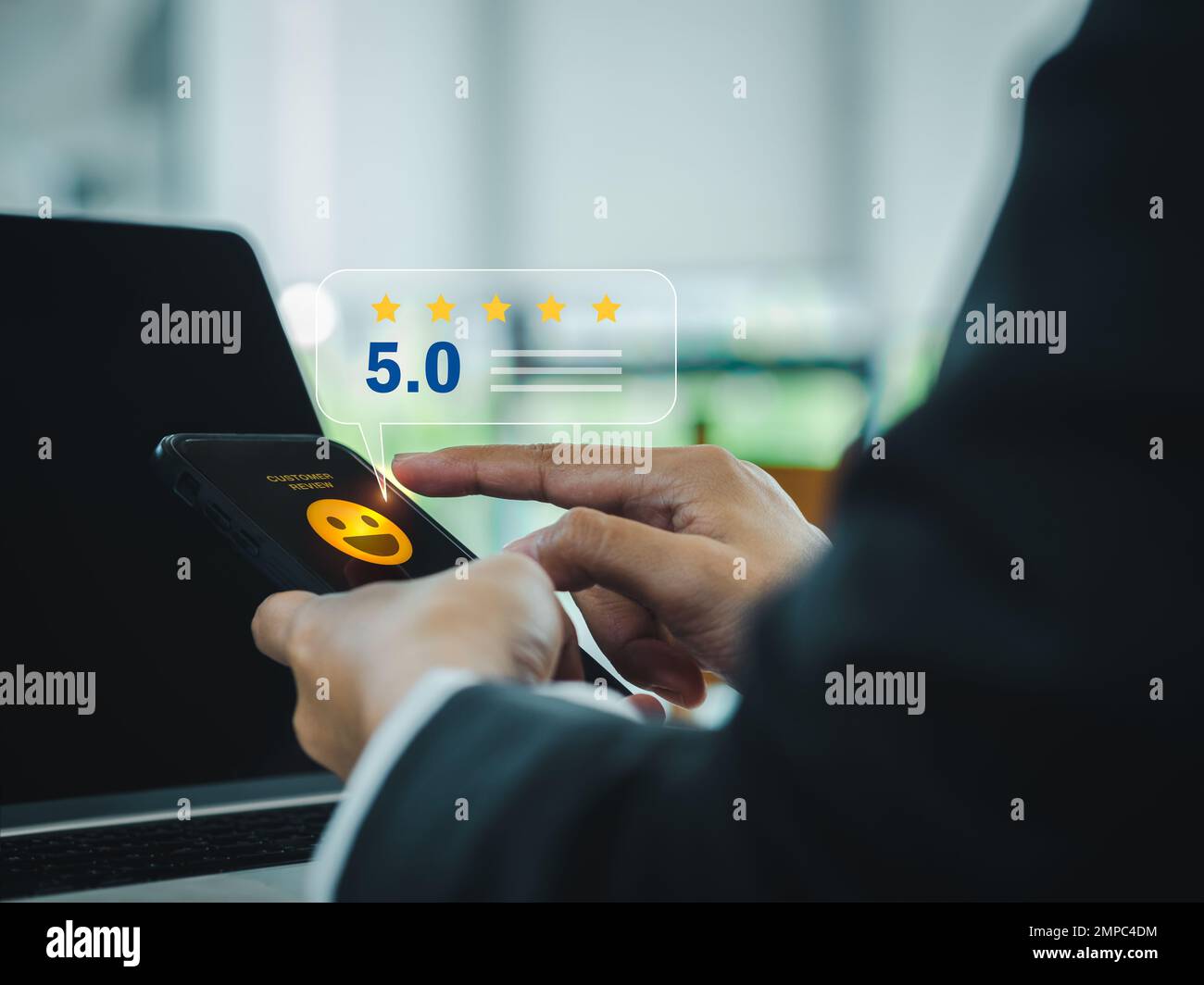 Customer review, satisfaction, feedback, survey concepts. The User giving 5 stars point rating ...