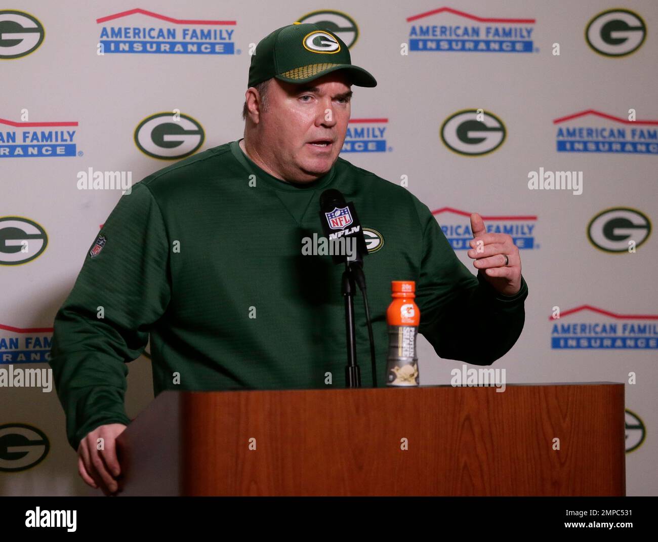 Green Bay Packers head coach Mike McCarthy addresses the media after an ...