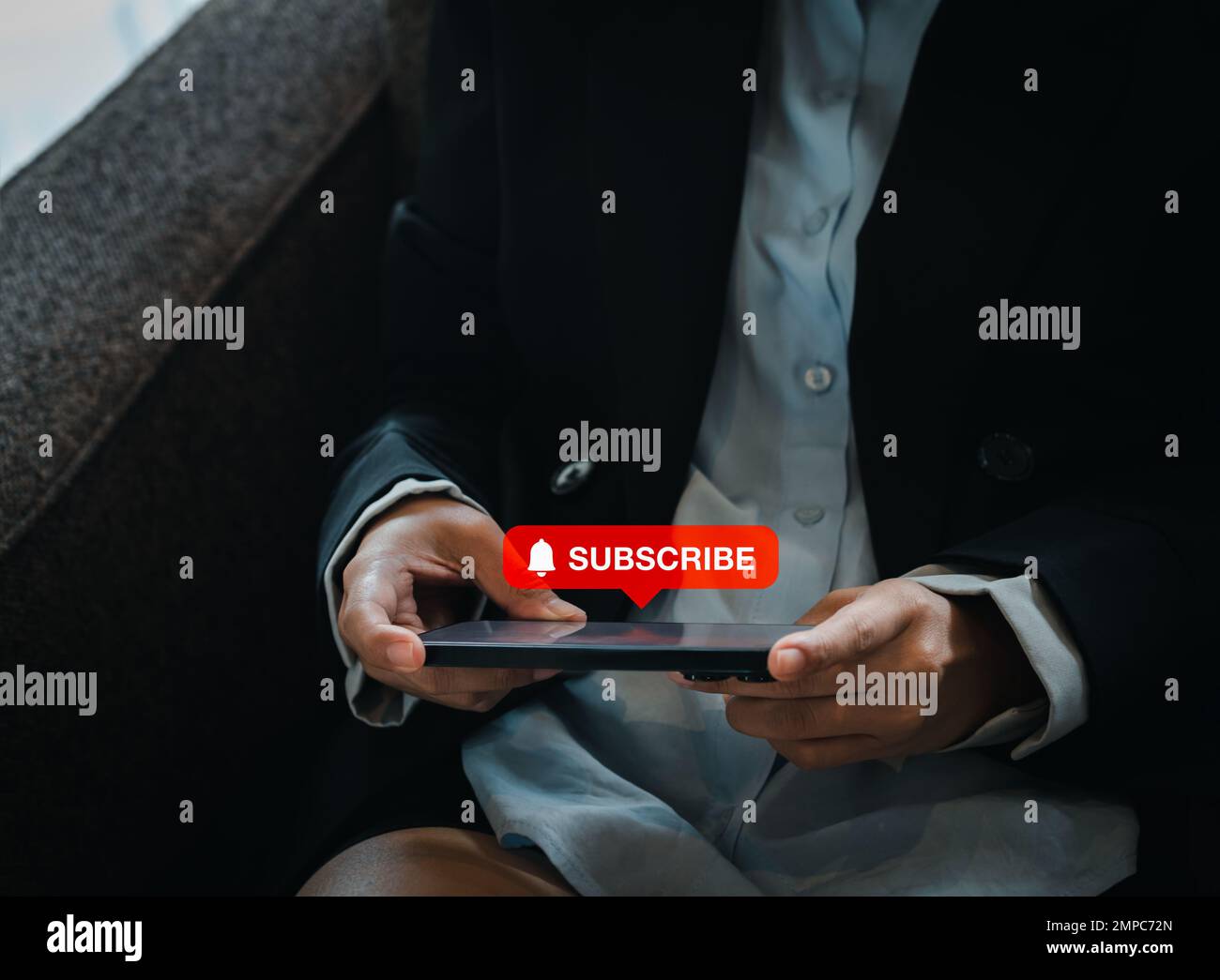 Subscription concept. Big red subscribe button with bell icon appear on ...