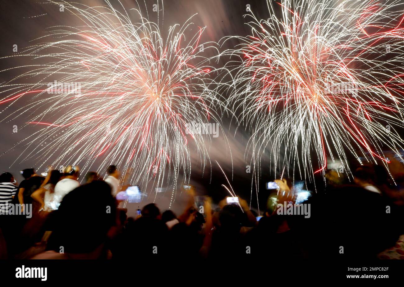Filipino revelers watch as fireworks light up the sky to welcome the ...