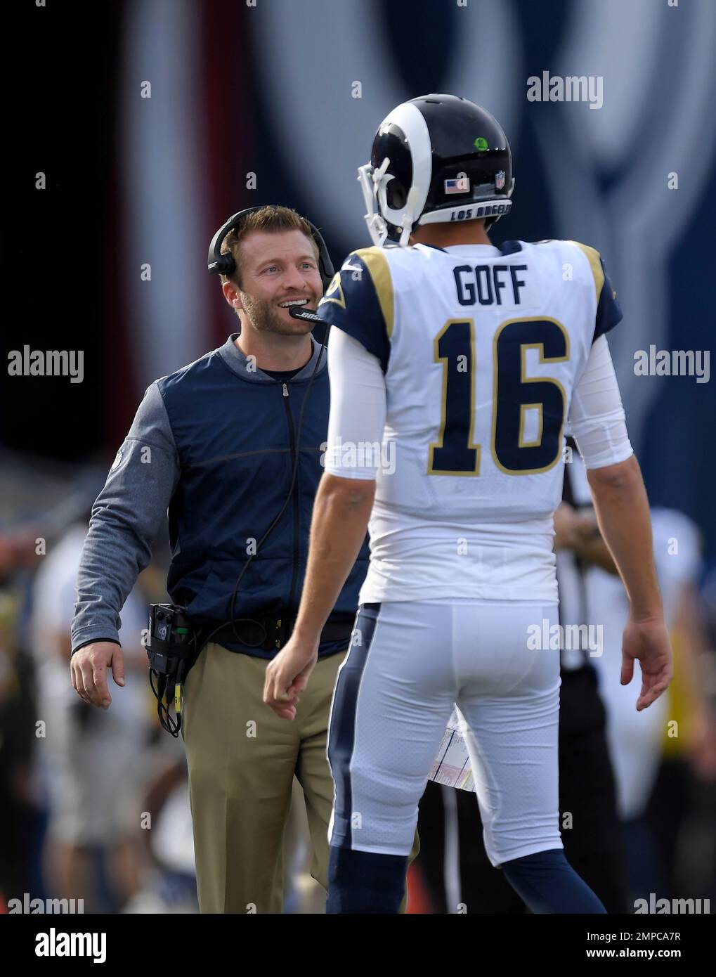 Los Angeles Rams head coach Sean McVay, left, talks with quarterback ...