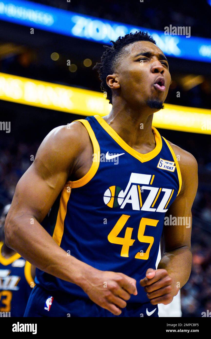 Utah Jazz guard Donovan Mitchell (45) reacts to a call in the second ...
