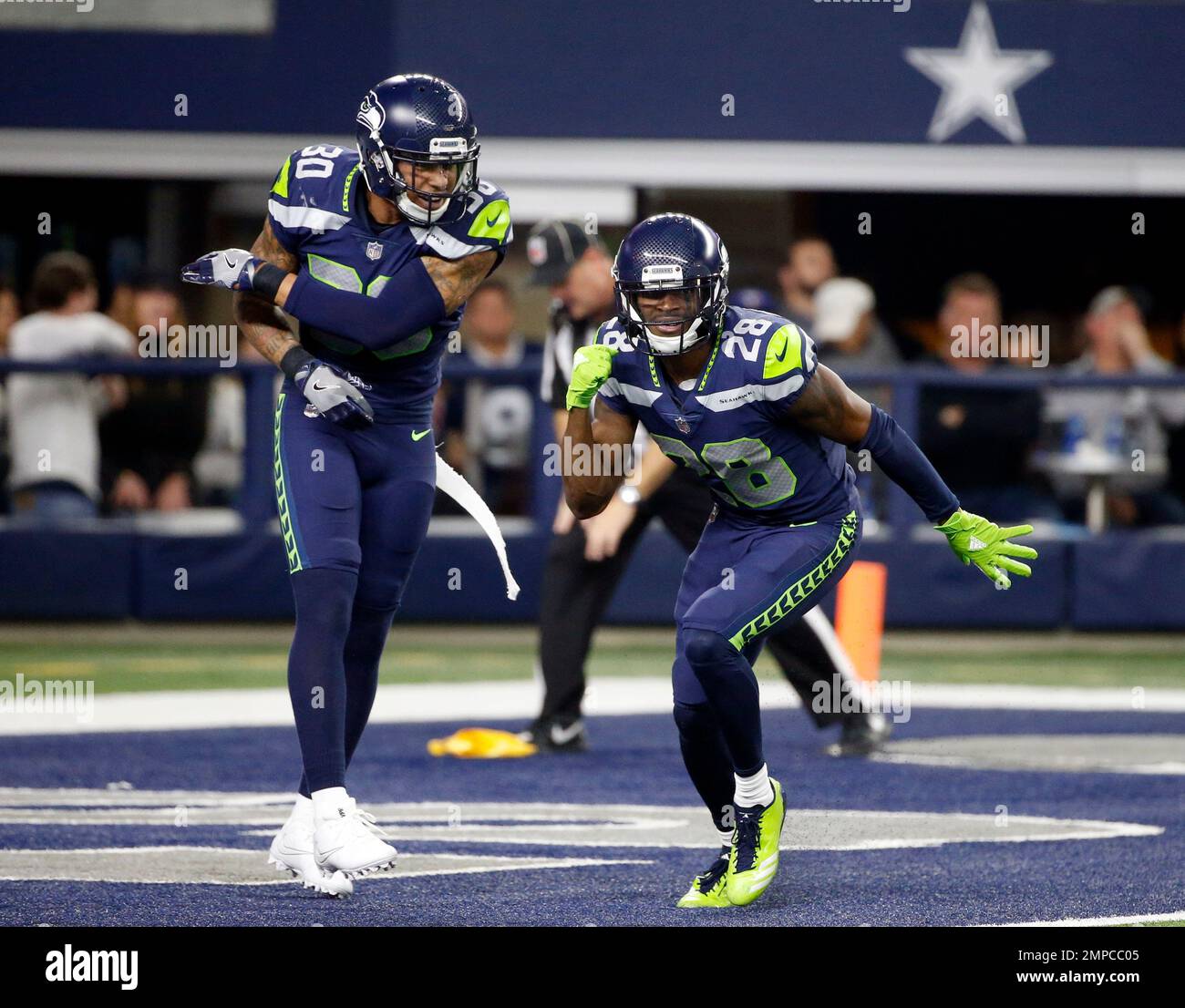 Seattle Seahawks cornerback Justin Coleman (28) celebrates interception ...