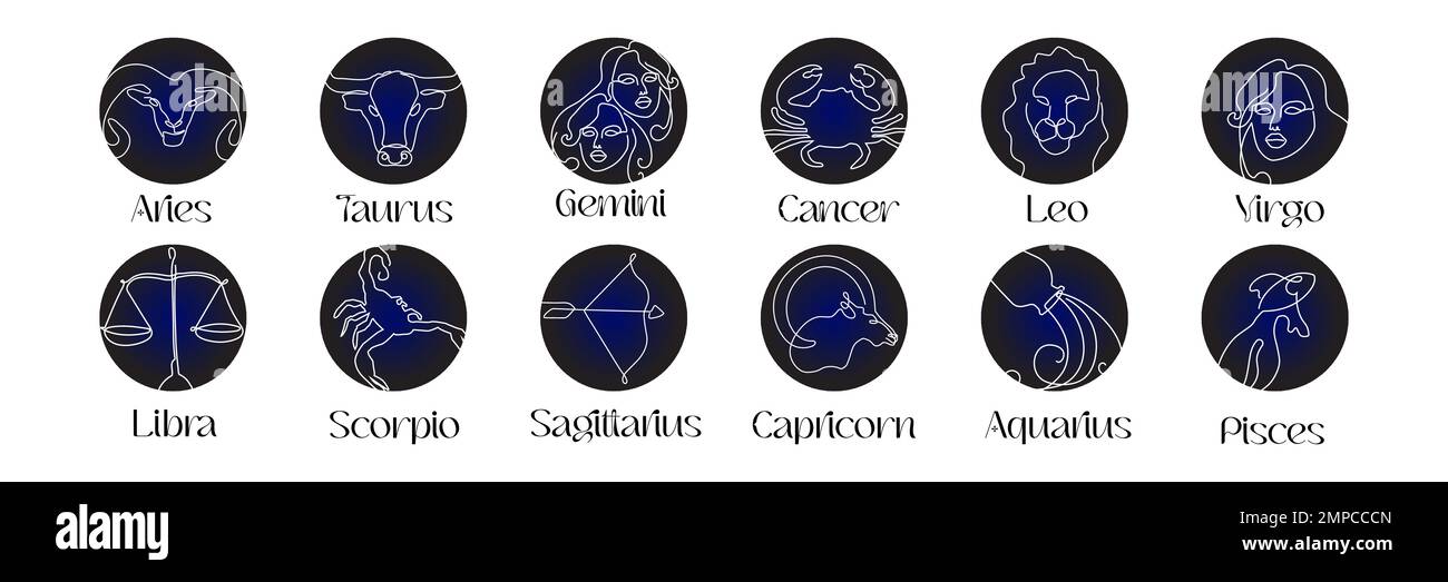 Astrological zodiac signs in line art style on dark blue Zodiak ...