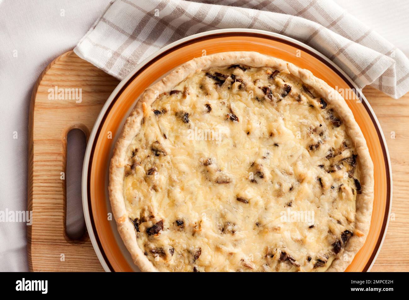 Chicken tart with mushrooms and cheese on a plate. Flat lay, top view ...