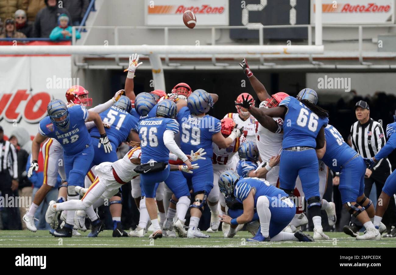 Memphis place kicker Riley Patterson (36) kicks a 34-yard field goal ... Memphis place kicker Riley Patterson (36) kicks a 34-yard field goal ...