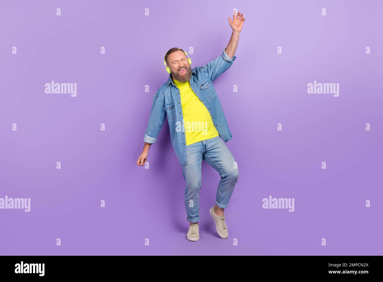 Full body photo of attractive grandpa dancing enjoy sing song earphones ...