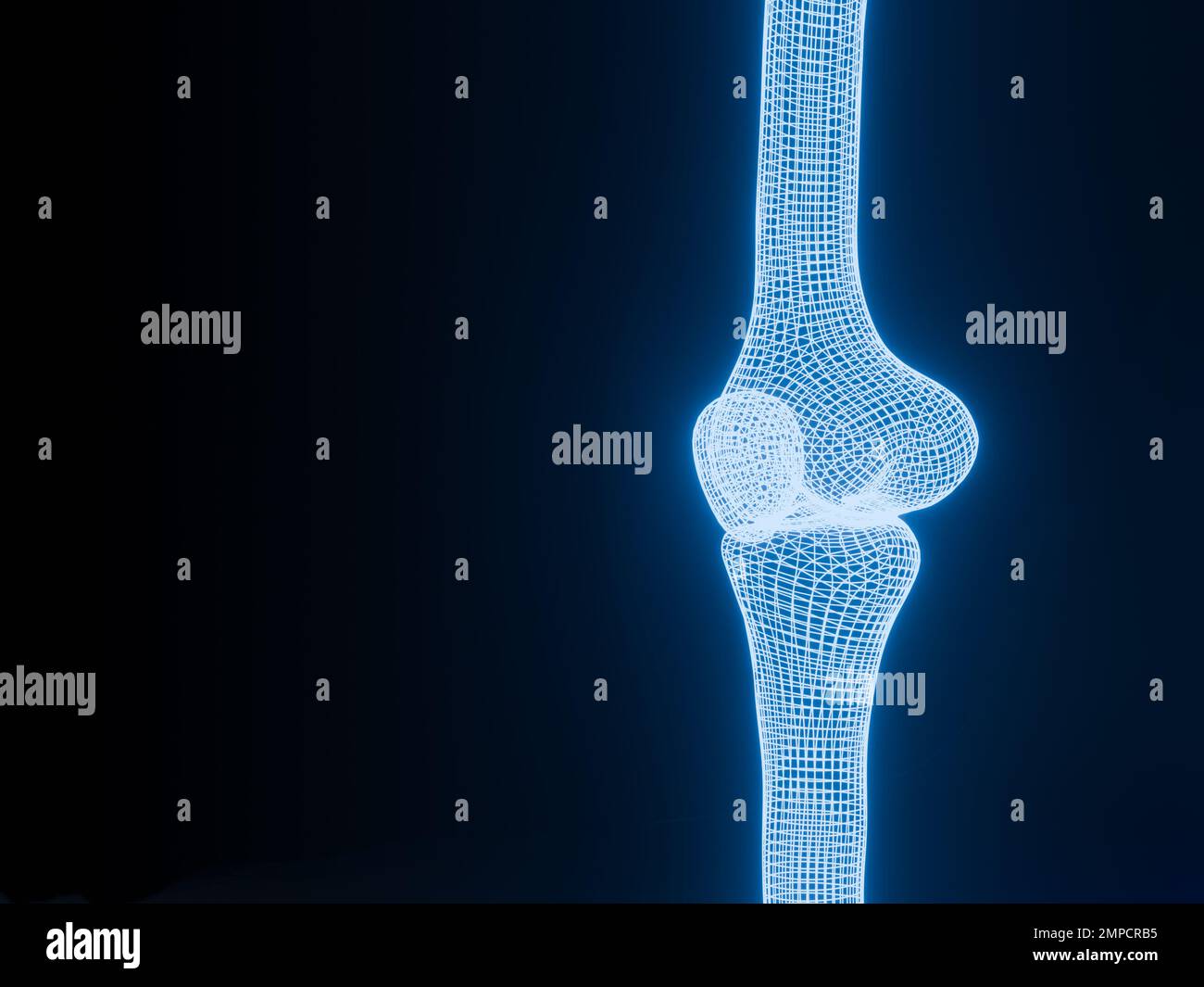 Knee joint 3D rendering Blue glowing wireframe on black background with ...