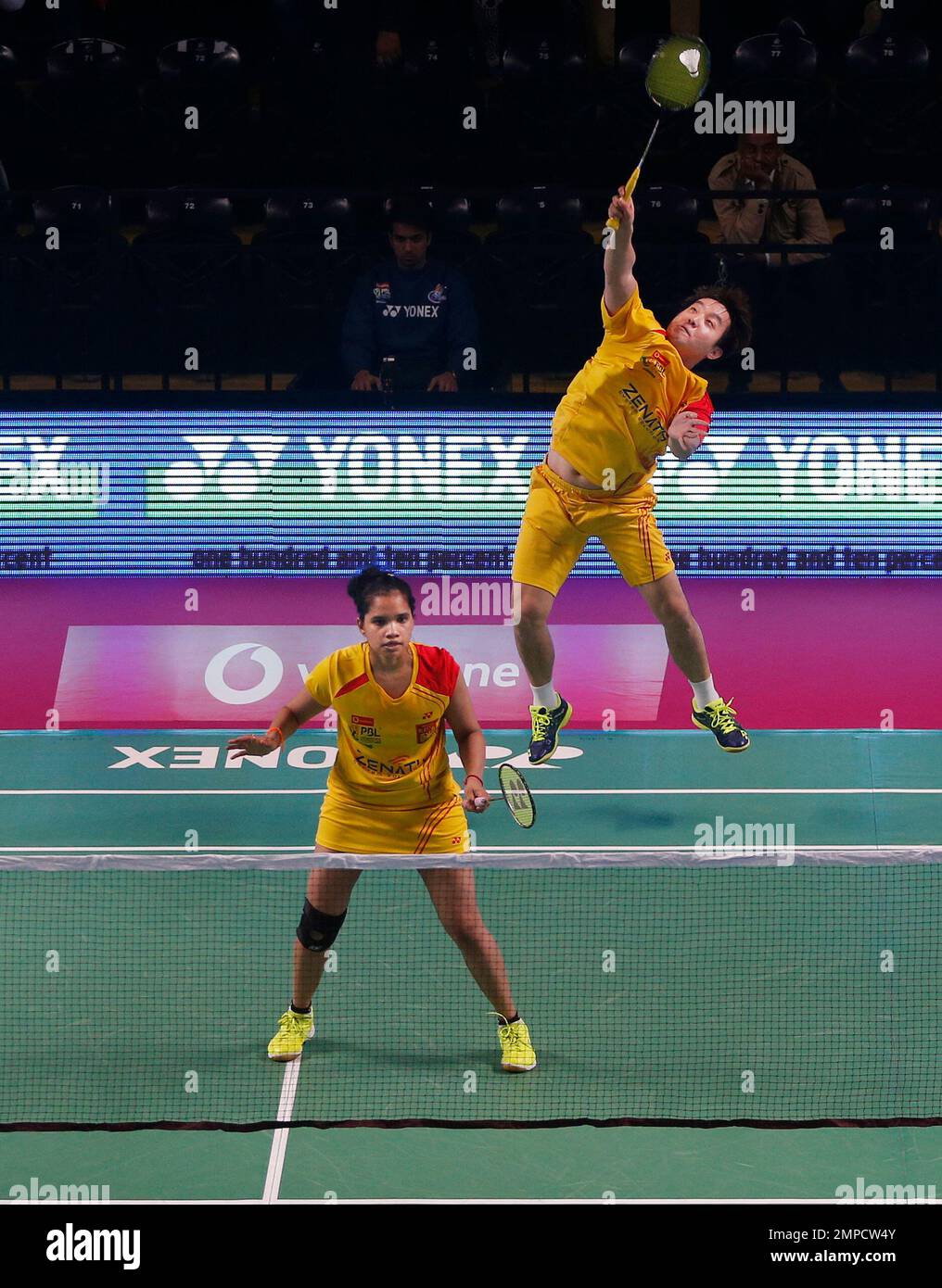 Korean badminton player Kim Sa Rang, right, and Indian badminton player ...