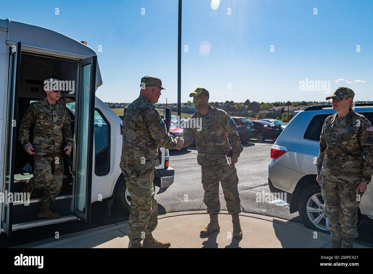 United States Space Force Col. Miguel Cruz, greets USSF Gen. John W ...
