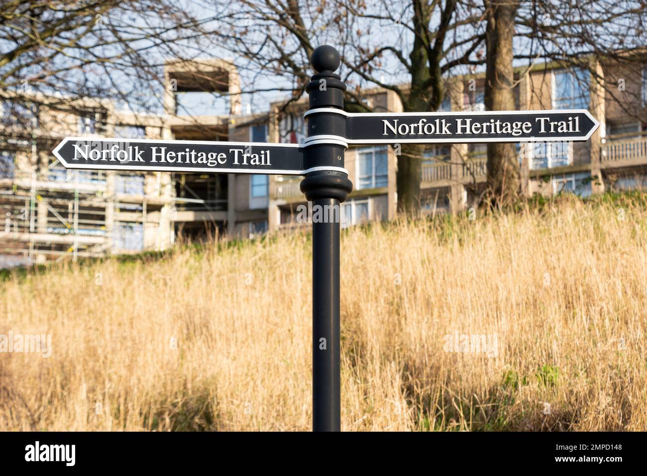 Yorkshire, UK – 21 Dec 2020: Norfolk Heritage trail sign in front of Park Hill flats, under ...