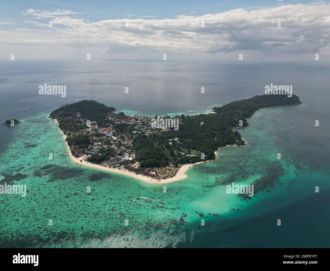 An aerial of Ko Lipe island surrounded by a few small islands in the ...