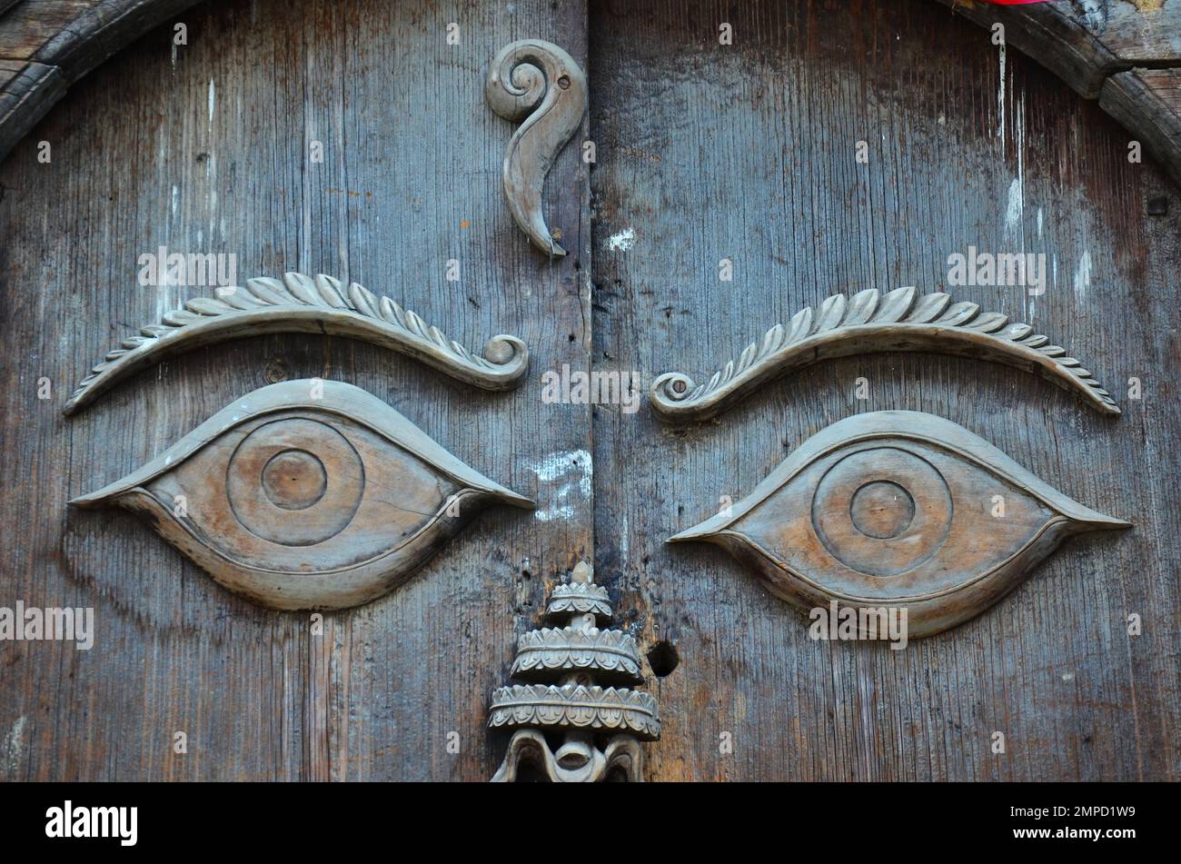 Carving art wooden eyes of wisdom buddha on antique wood door in ...
