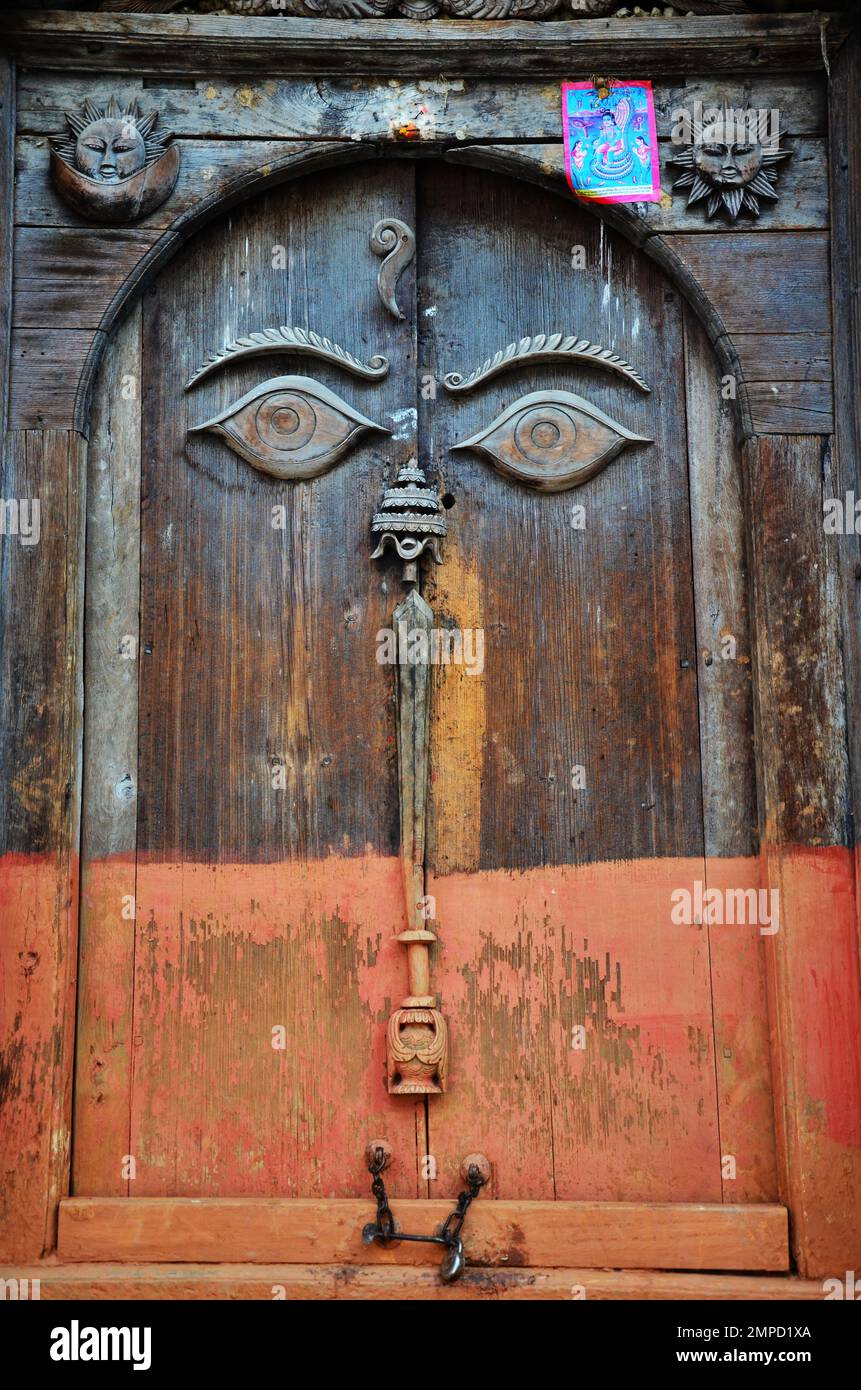Carving art wooden eyes of wisdom buddha on antique wood door in ...