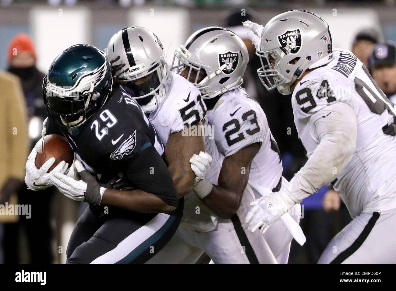 Philadelphia Eagles' LeGarrette Blount (29) is tackled by Oakland ...