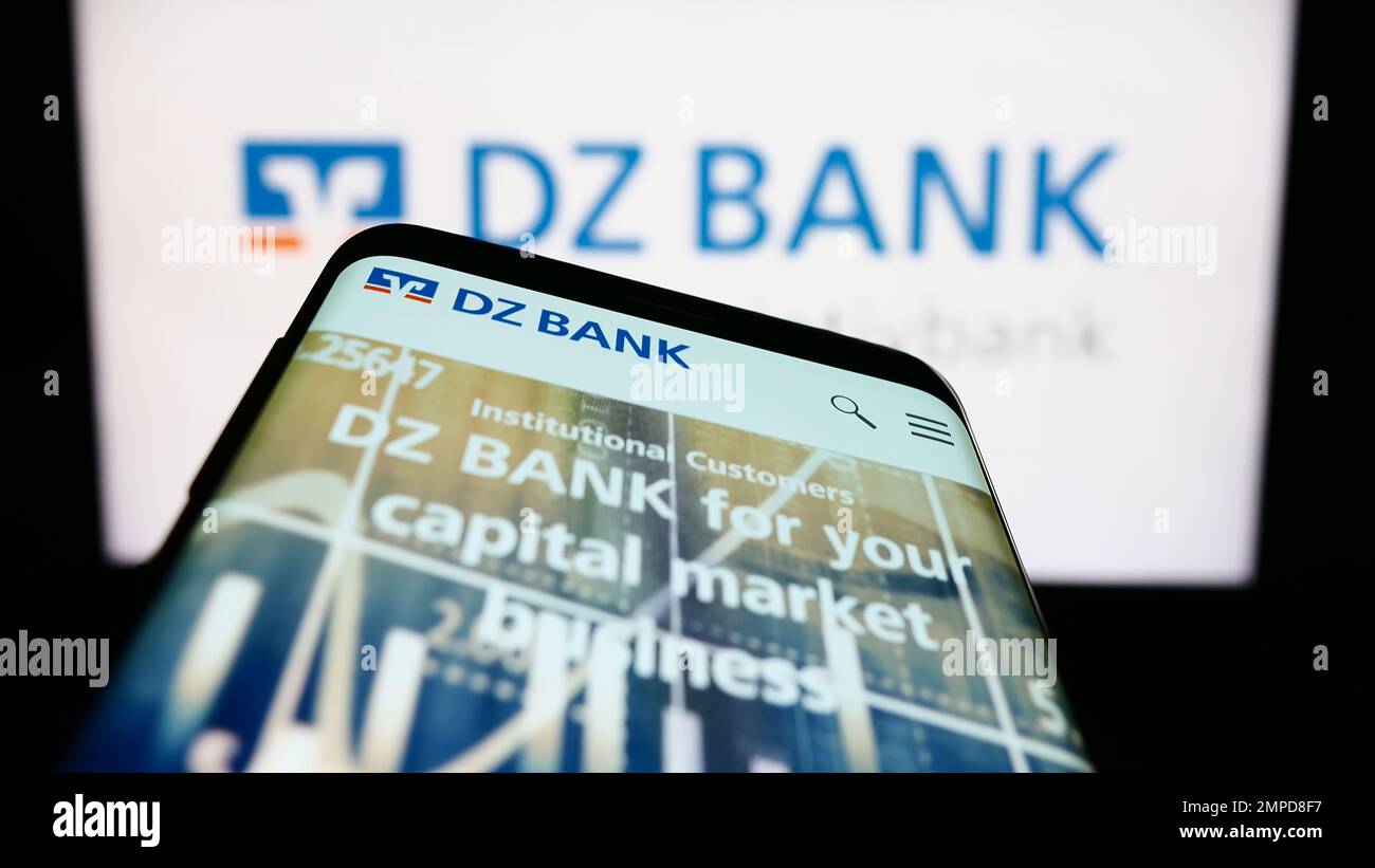 Mobile phone with webpage of German banking company DZ Bank AG on ...