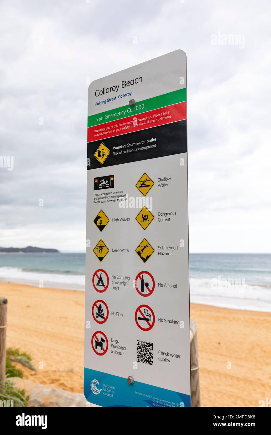 Collaroy beach on Sydney's east coast and beach sign erected by council ...
