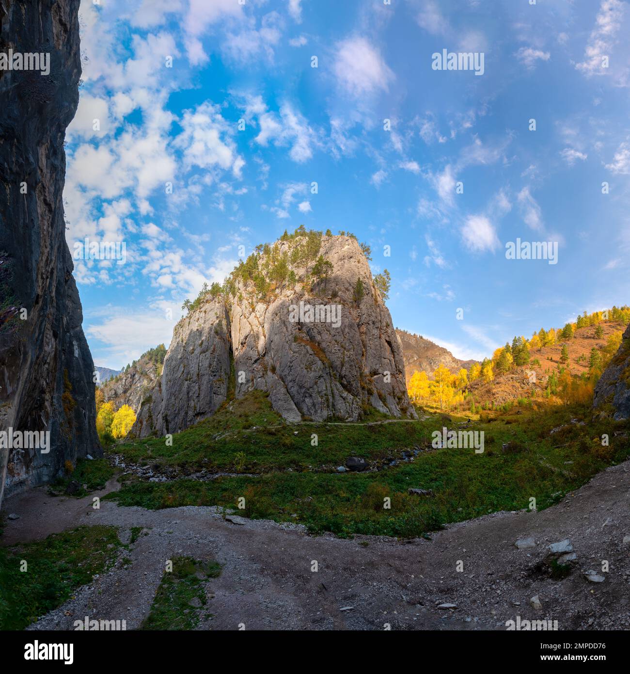 Panorama of a stone tract in the Altai mountains with a large smooth ...