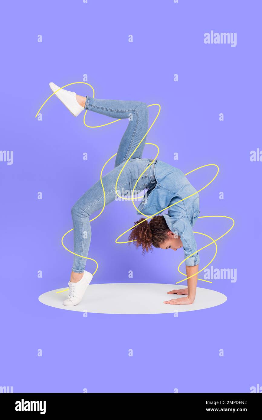 Vertical collage picture of sporty girl hands legs stand make bridge ...