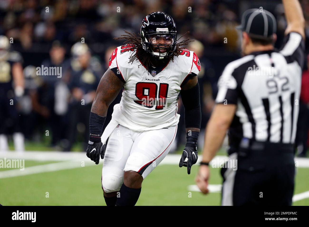 Atlanta Falcons defensive end Courtney Upshaw (91) celebrates a ...