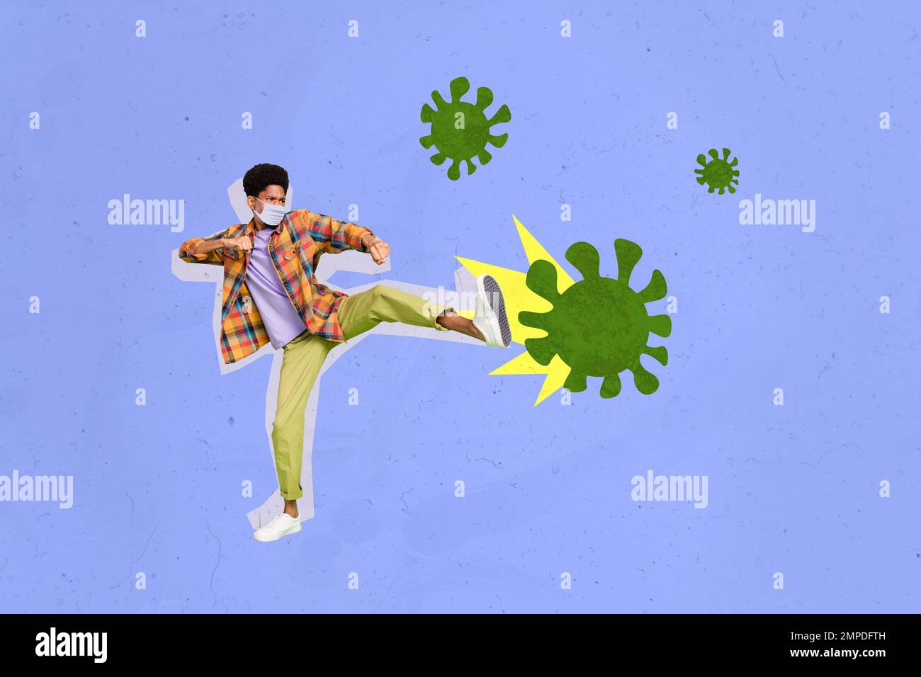 Creative collage image of mini guy leg kick fight virus bacteria ...