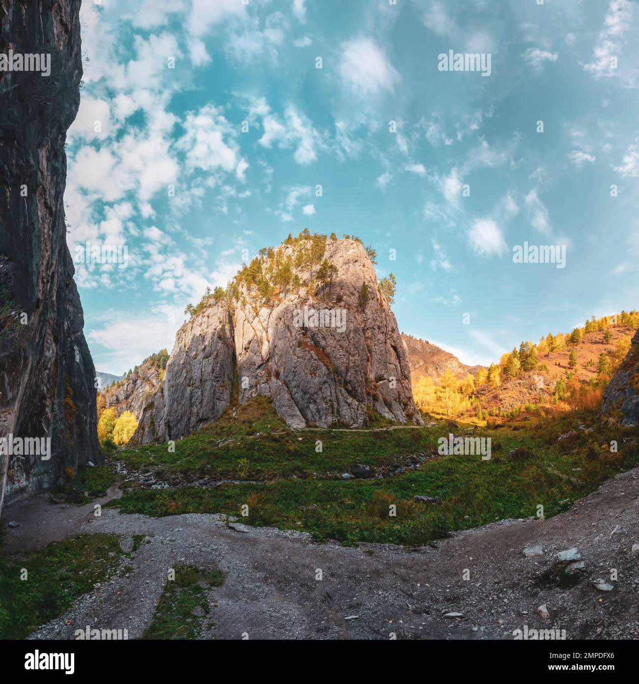 Panorama of a stone tract in the Altai mountains with a large smooth ...