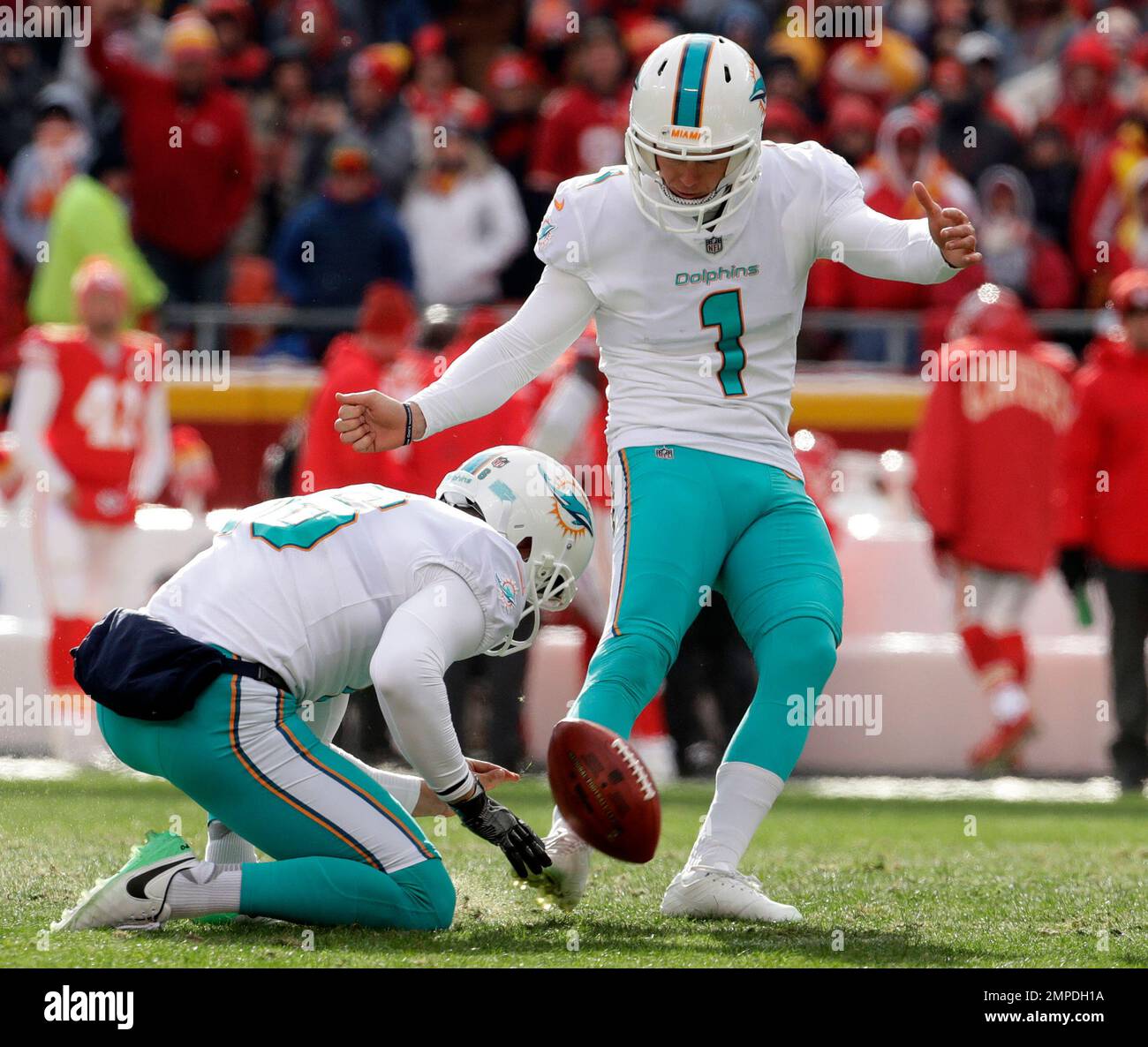 Miami Dolphins kicker Cody Parkey (1) boots a field goal during the ...