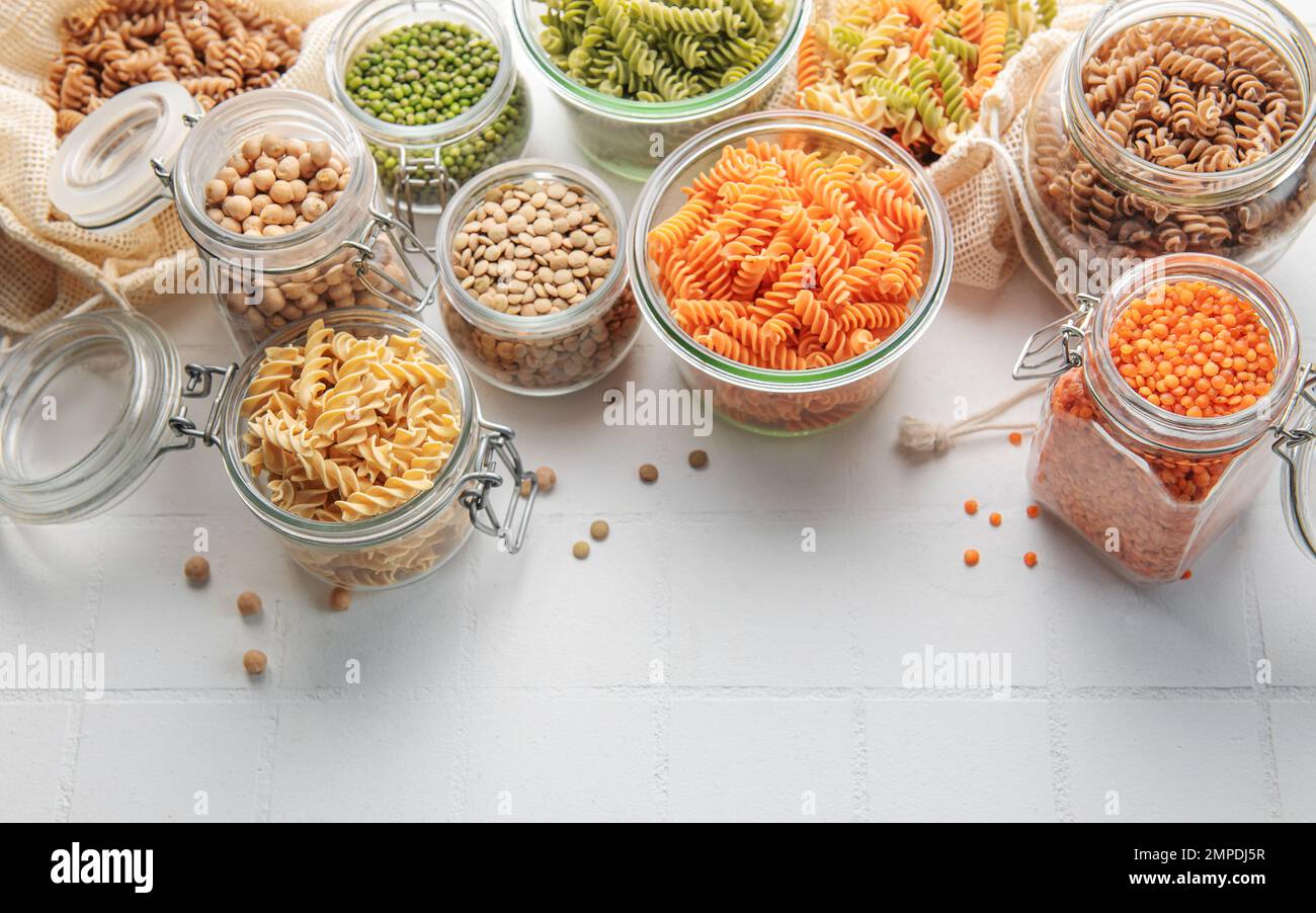 A variety of fusilli pasta made from different types of legumes, green ...