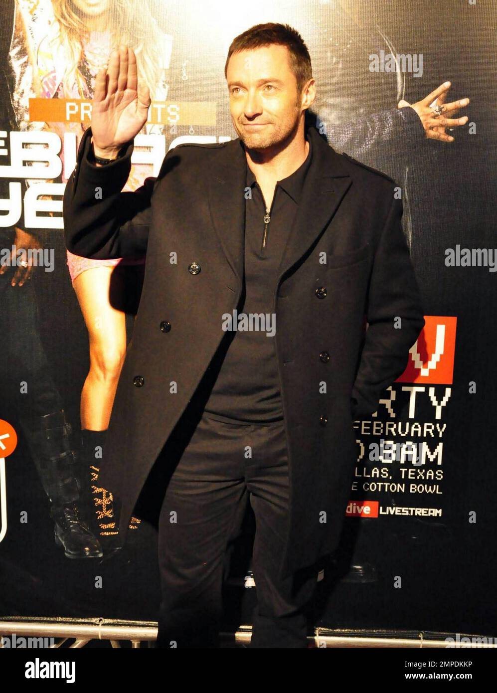 Hugh Jackman arrives at The Black Eyed Peas pre Super Bowl party ...