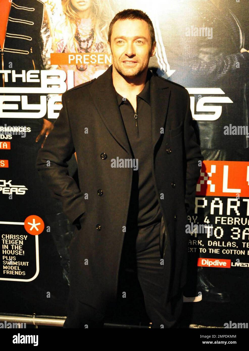 Hugh Jackman arrives at The Black Eyed Peas pre Super Bowl party ...