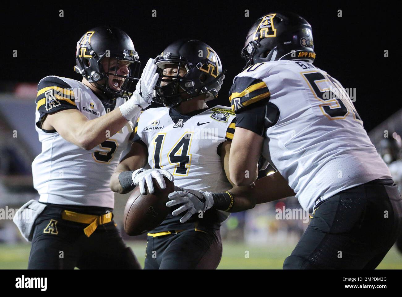 Appalachian State wide receiver Thomas Hennigan (5) celebrates ...