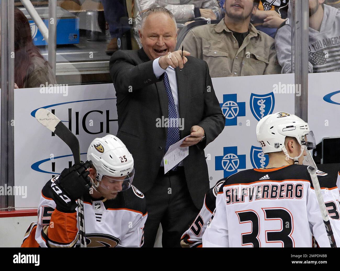 Anaheim Ducks coach Randy Carlyle gives instructions during the third ...