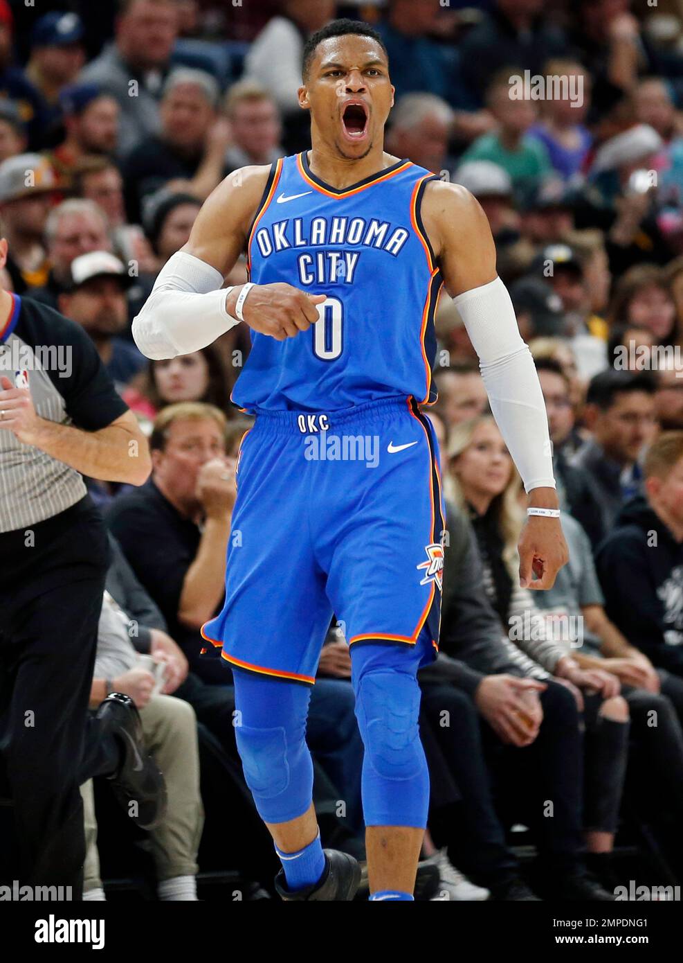 Oklahoma City Thunder guard Russell Westbrook (0) reacts after scoring ...