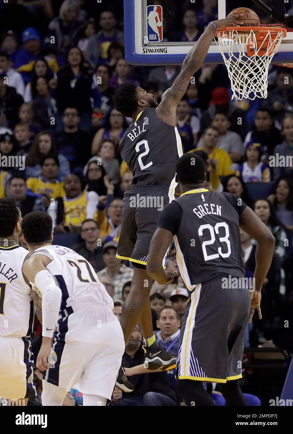 Golden State Warriors forward Jordan Bell (2) dunks against the Denver ...
