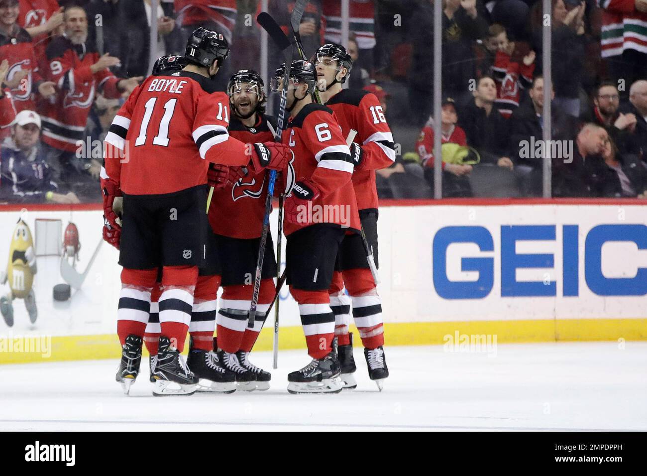 New Jersey Devils players celebrate a goal by center Brian Boyle (11 ...