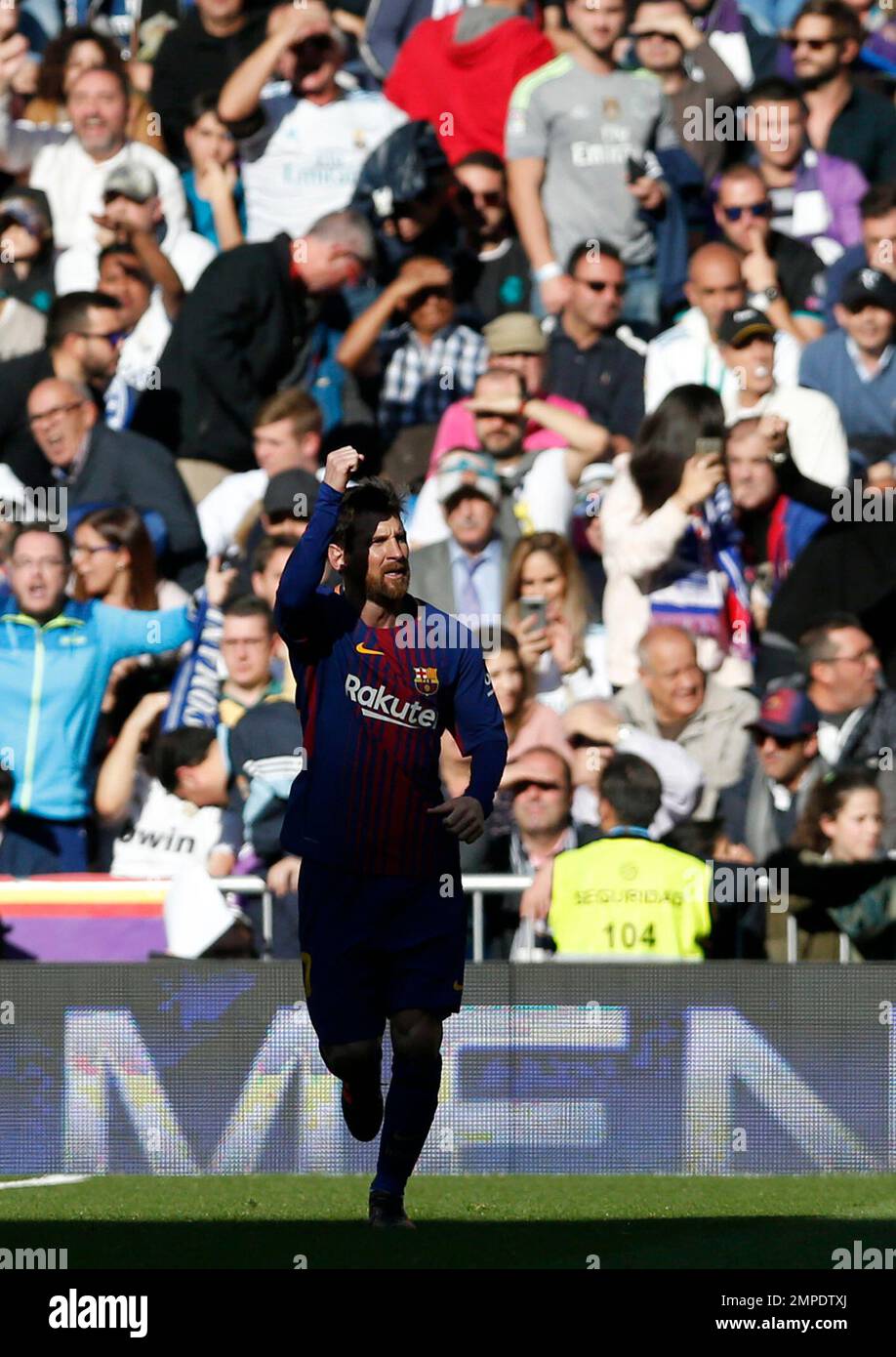 Barcelona's Lionel Messi celebrates after scoring his side's second ...