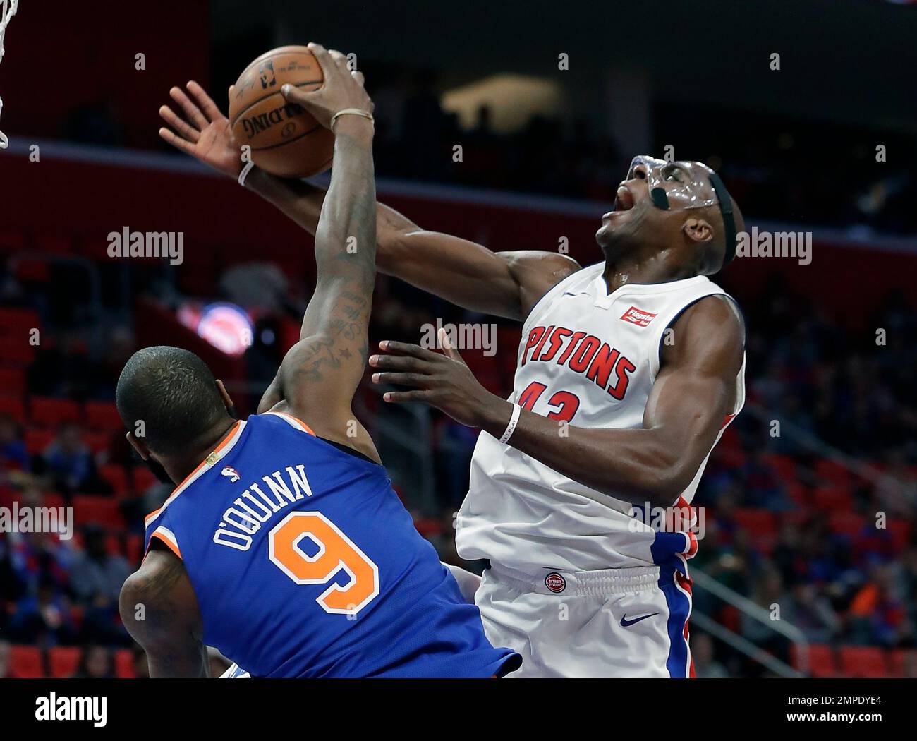 New York Knicks center Kyle O'Quinn (9) blocks a shot by Detroit ...