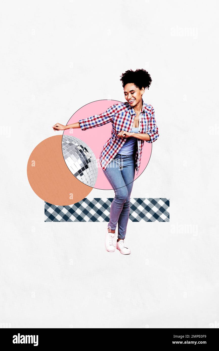 Vertical collage picture of excited positive girl enjoy dancing ...