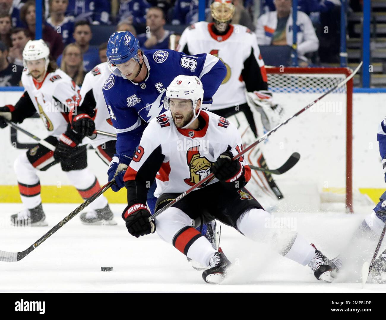 Tampa Bay Lightning center Steven Stamkos (91) steals the puck from ...