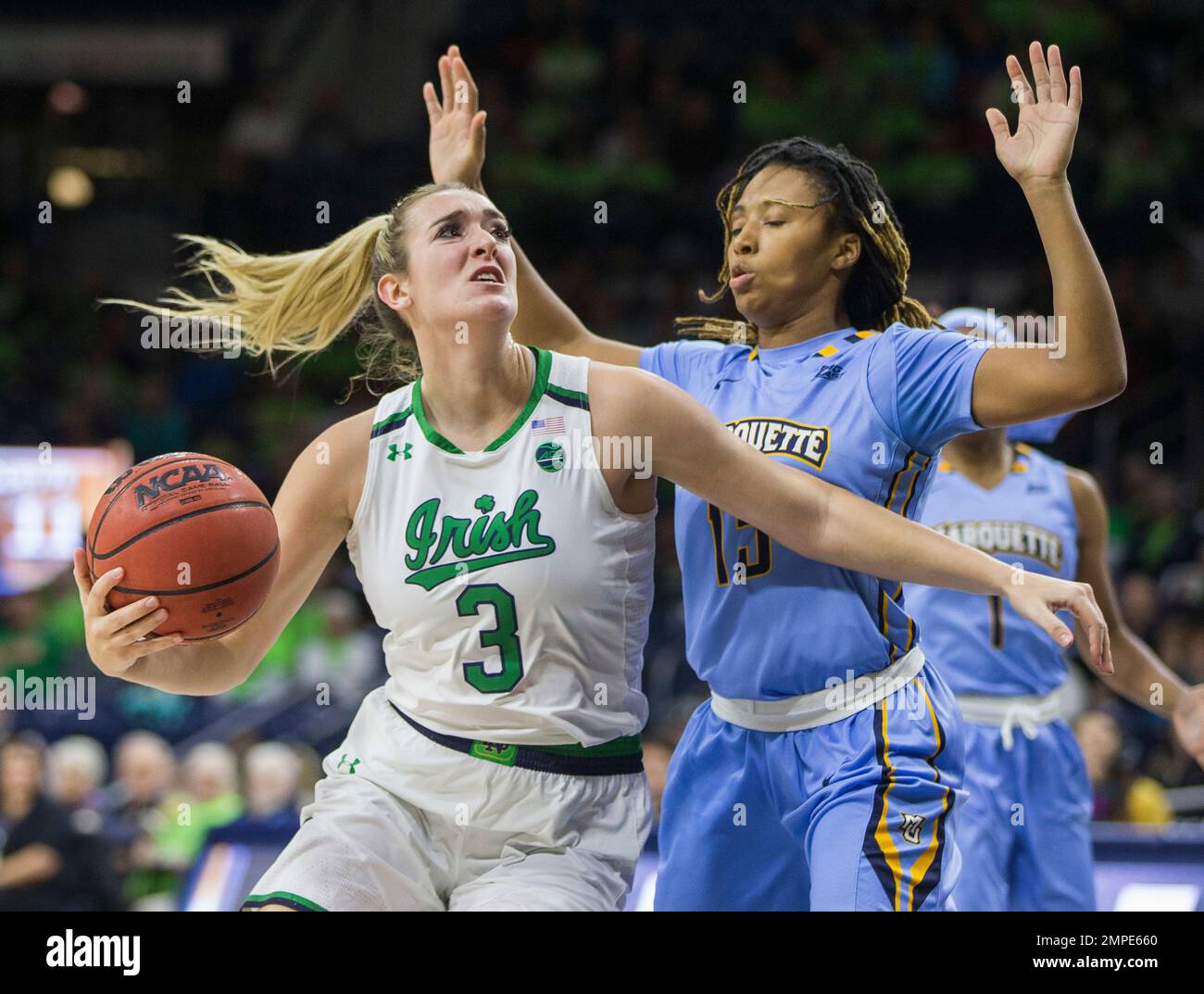Notre Dame's Marina Mabrey (3) moves by Marquette's Amani Wilborn (15 ...