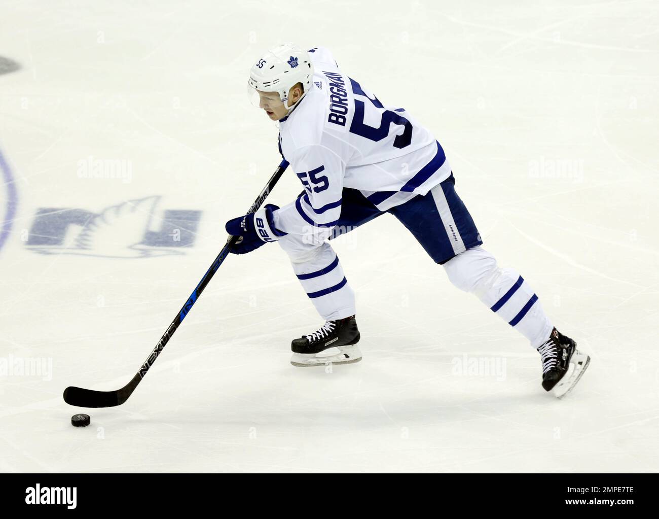 Toronto Maple Leafs defenseman Andreas Borgman, of Sweden, carries the puck against the Columbus ...