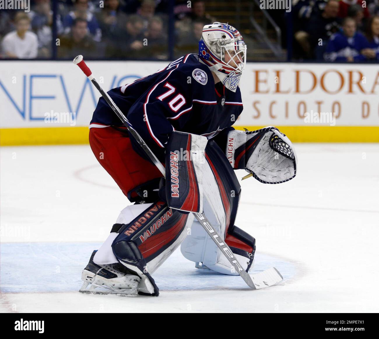 Columbus Blue Jackets goalies Joonas Korpisalo, of Finland, is seen ...