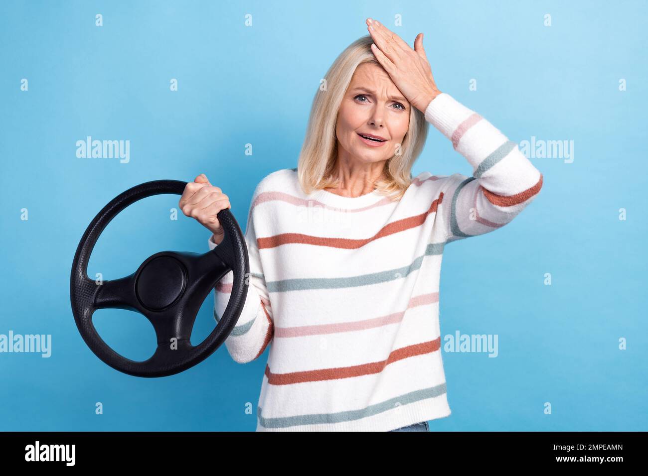 Photo of sad upset lady wear striped pullover having driving car ...