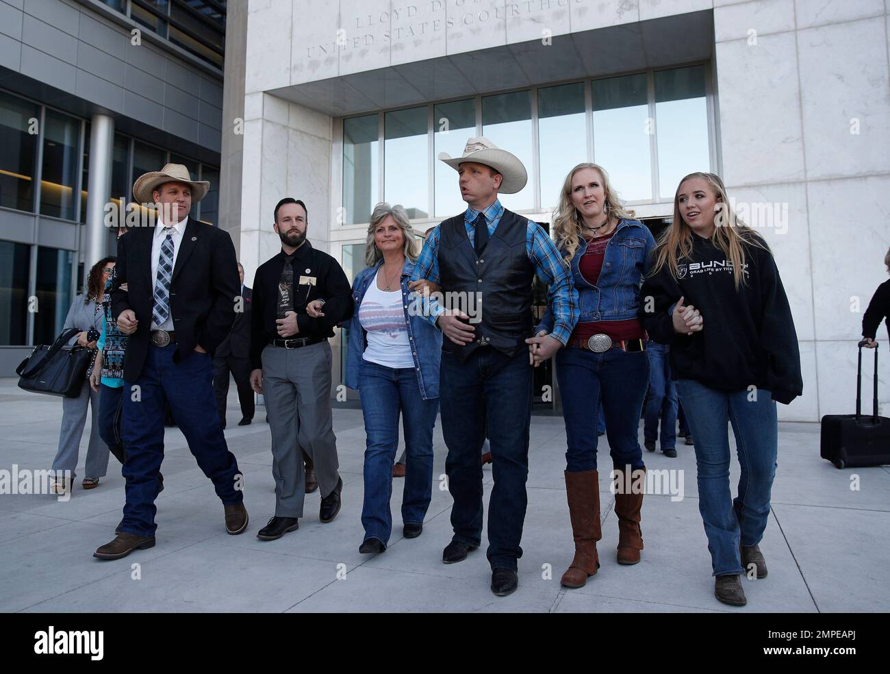 From left, Ammon Bundy, Ryan Payne, Jeanette Finicum, widow of Robert ...