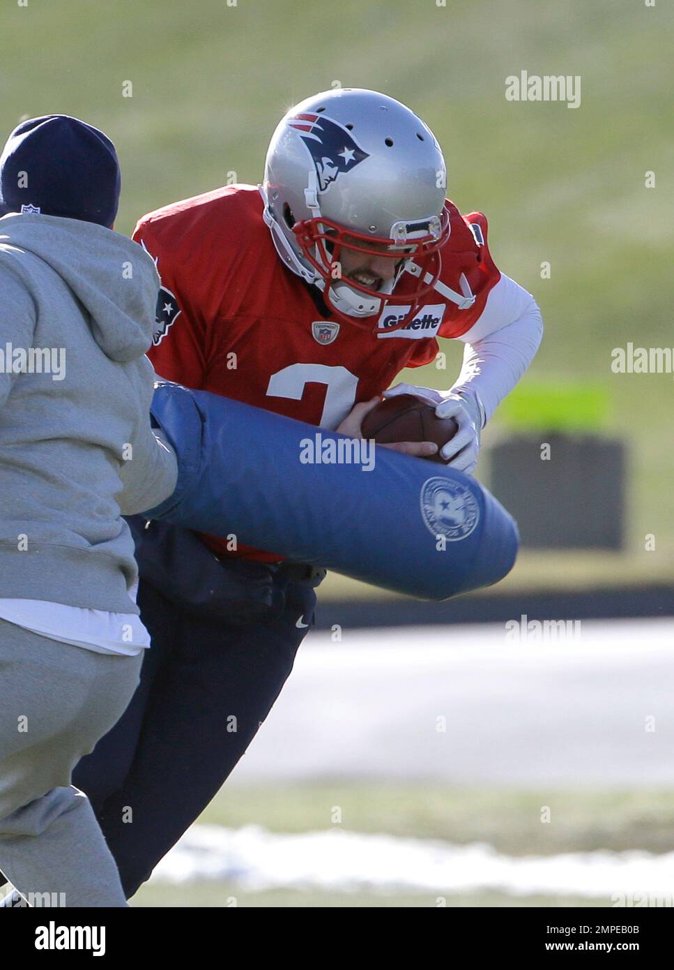 New England Patriots quarterback Brian Hoyer (2) performs field drills ...