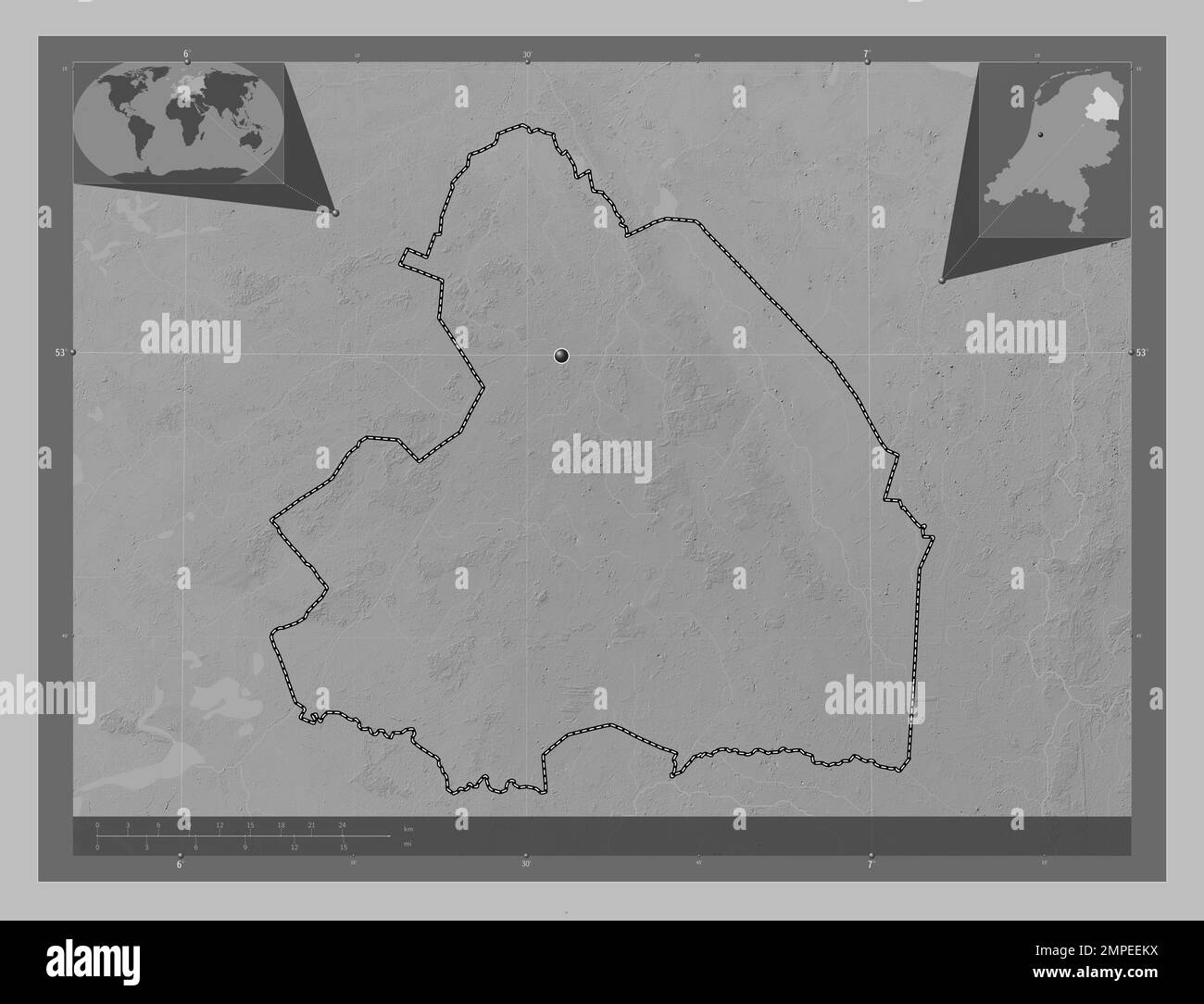 Drenthe, province of Netherlands. Grayscale elevation map with lakes ...