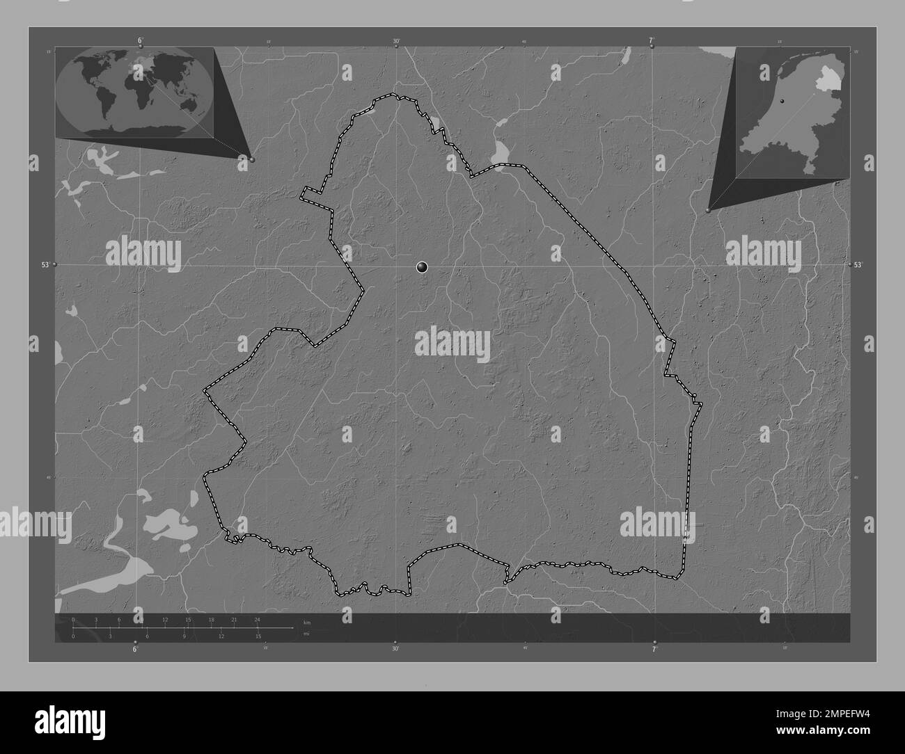 Drenthe, province of Netherlands. Bilevel elevation map with lakes and ...