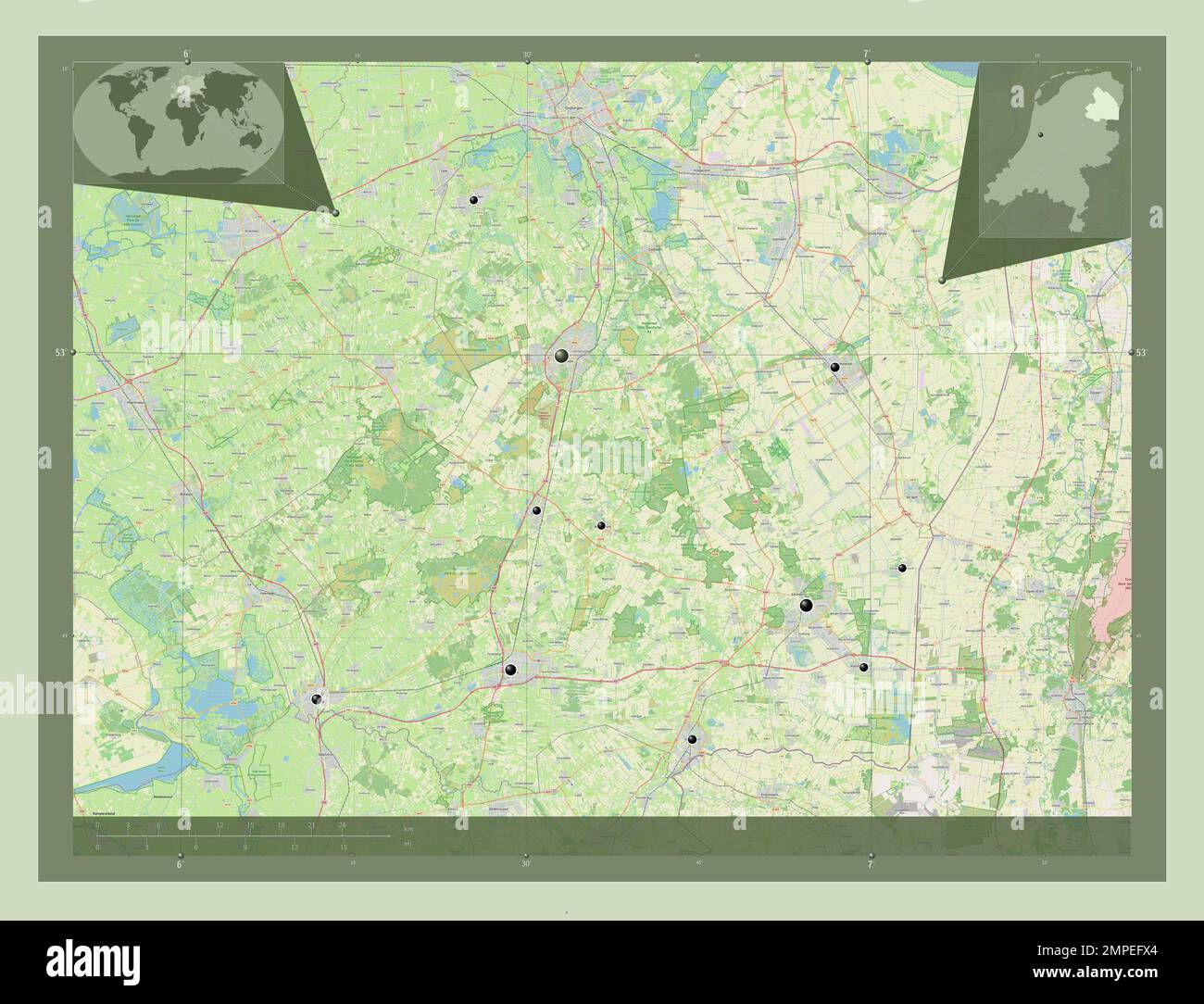 Drenthe, province of Netherlands. Open Street Map. Locations of major cities of the region ...
