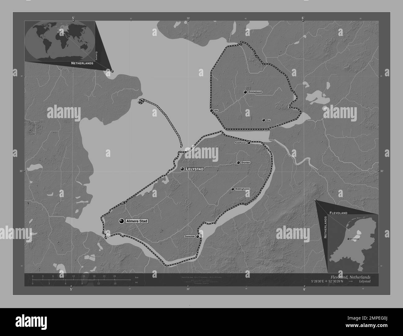 Flevoland, province of Netherlands. Bilevel elevation map with lakes ...